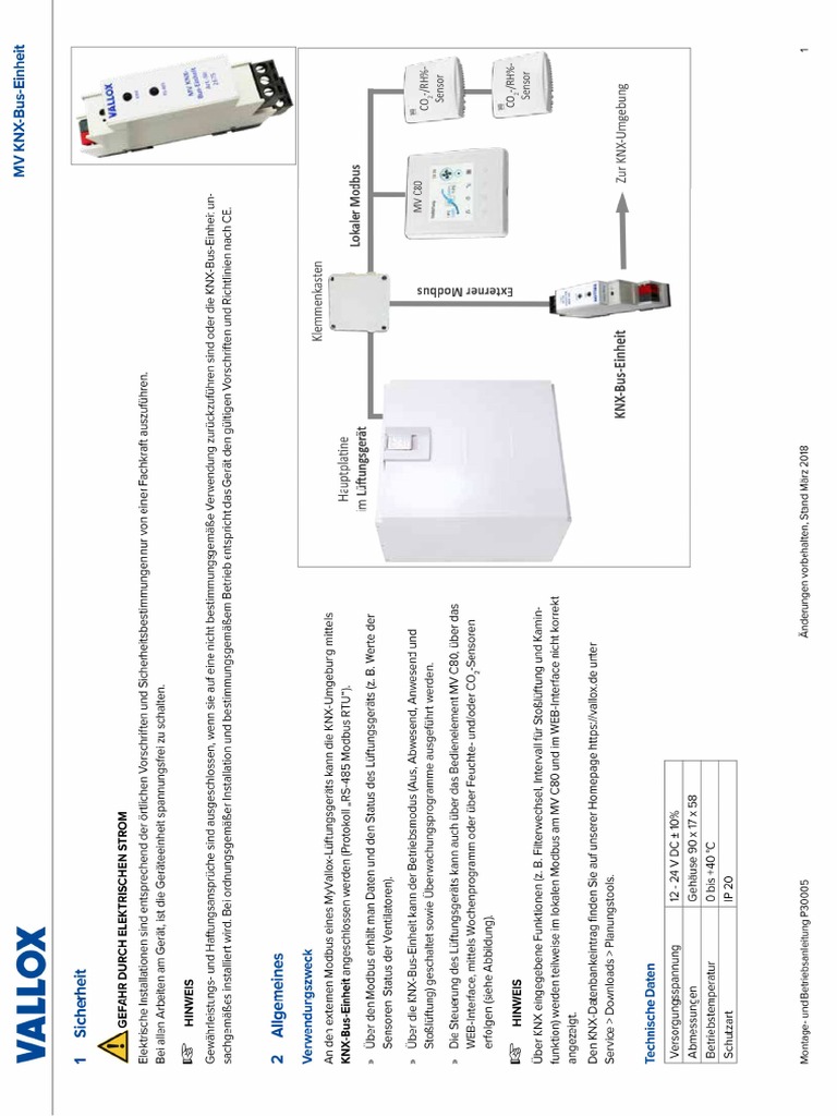 Vallox MV KNX-Bus-Einheit Betriebs - Und Montageanleitung | PDF