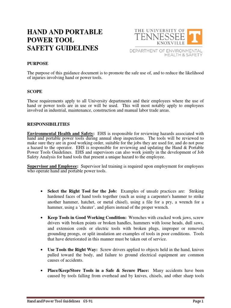 Hand and Power Tool Safety Guidelines | PDF | Career & Growth | Home ...