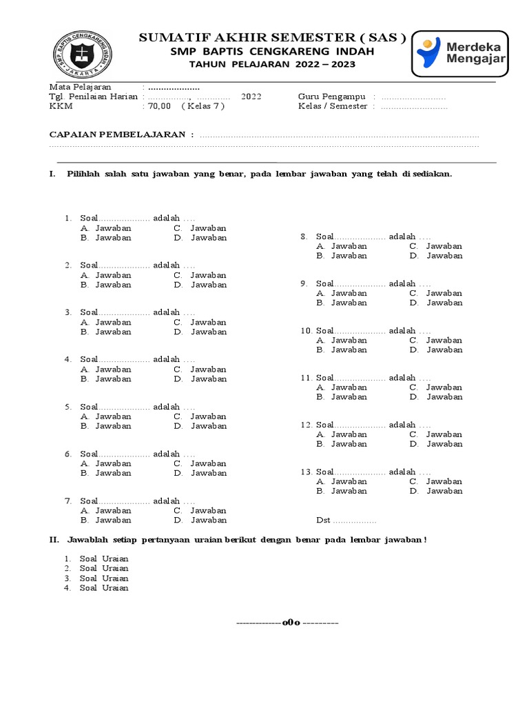 Format Penulisan SOAL SAS Ganjil 2022-2023 - Kelas 7 | PDF