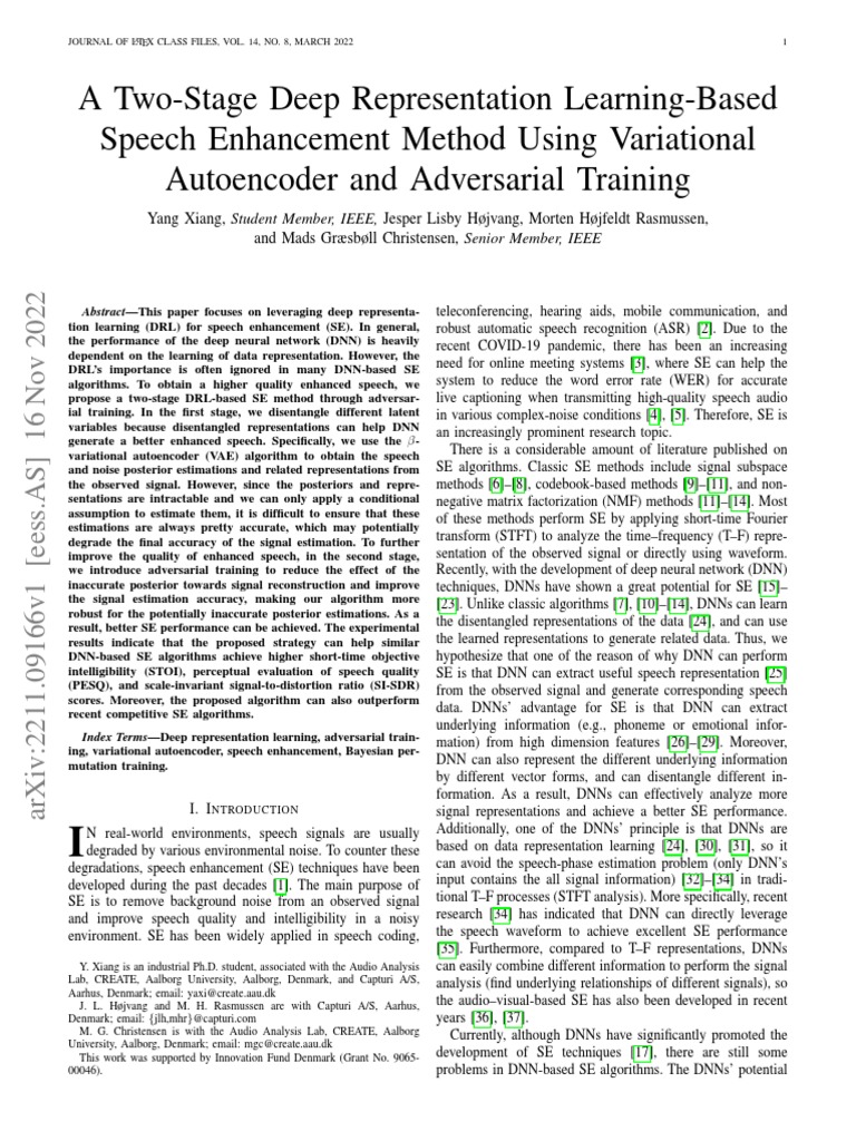 A Two-Stage Deep Representation Learning-Based Speech Enhancement Method Using Variational ...
