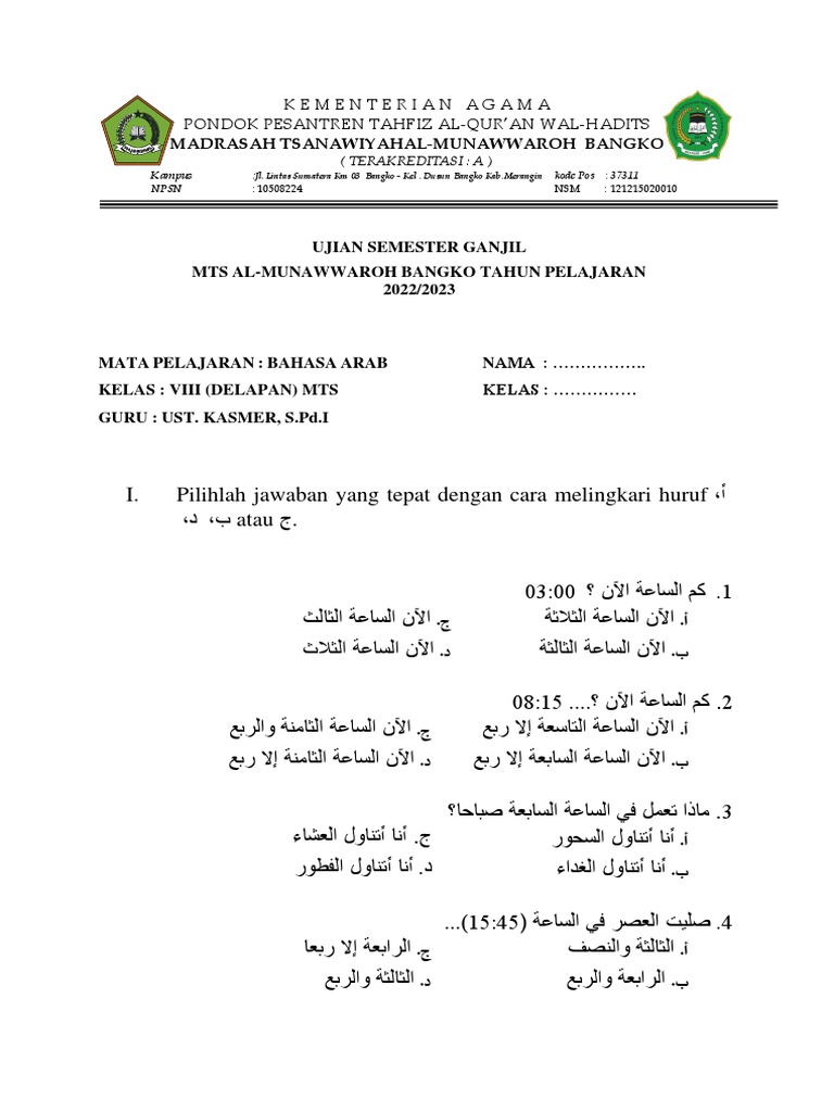 Soal Bahasa Arab Kelas Viii MTS | PDF