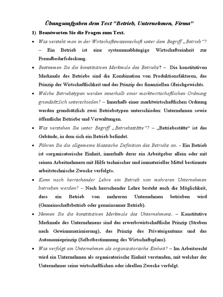 Übungsaufgaben Dem Text Betrieb, Unternehmen, Firma | PDF