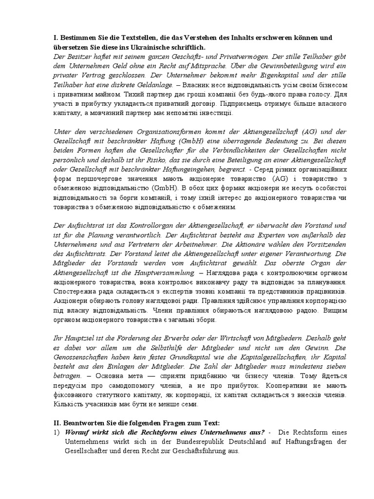 Übungsaufgaben Dem Text ''Rechtsformen Von Unternehmen'' | PDF