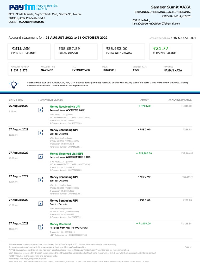 Sameer Xaxa Account Statement | PDF