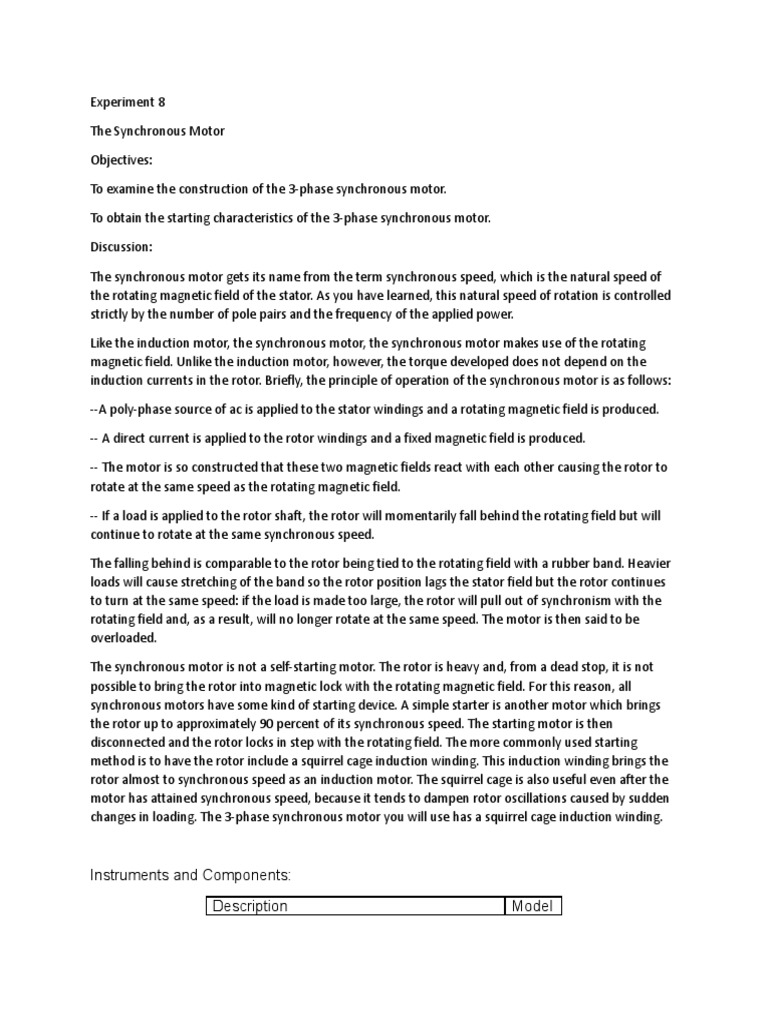 3-Phase Synchronous Motor Experiment | PDF | Electric Motor | Power (Physics)
