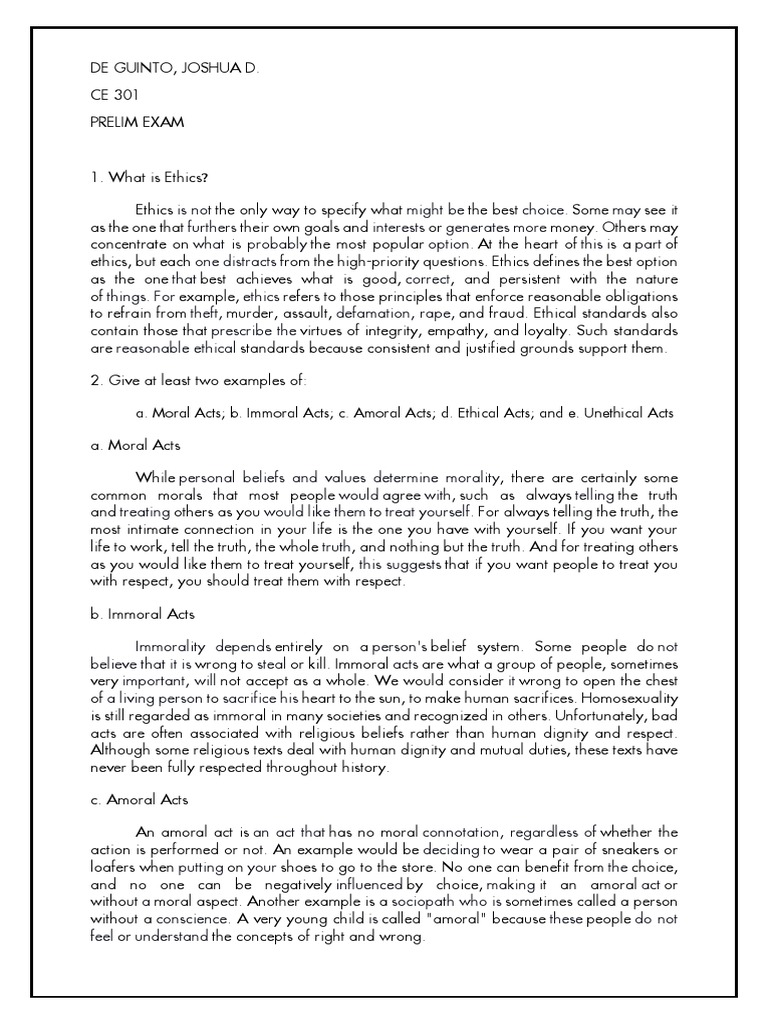 De Guinto, Joshua - CE 301 - Prelim Exam | PDF | Morality | Truth
