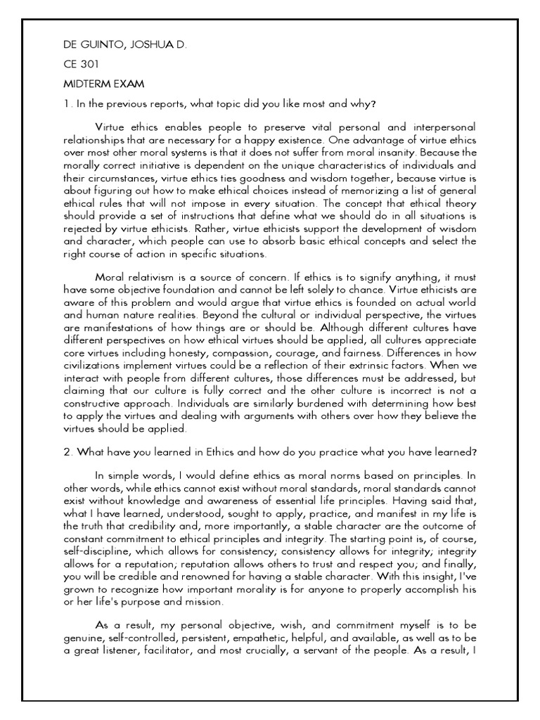 De Guinto, Joshua - CE 301 - Midterm Exam | PDF | Virtue Ethics | Virtue