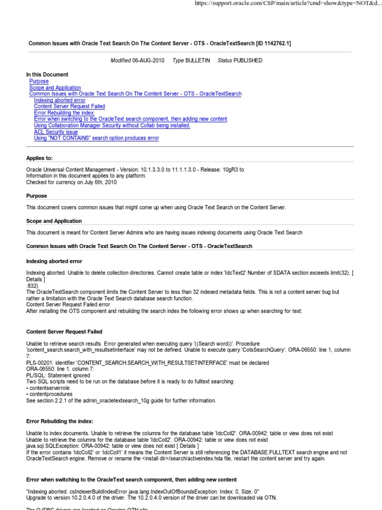 Common Issues With Oracle Text Search On The Content Server - OTS ...