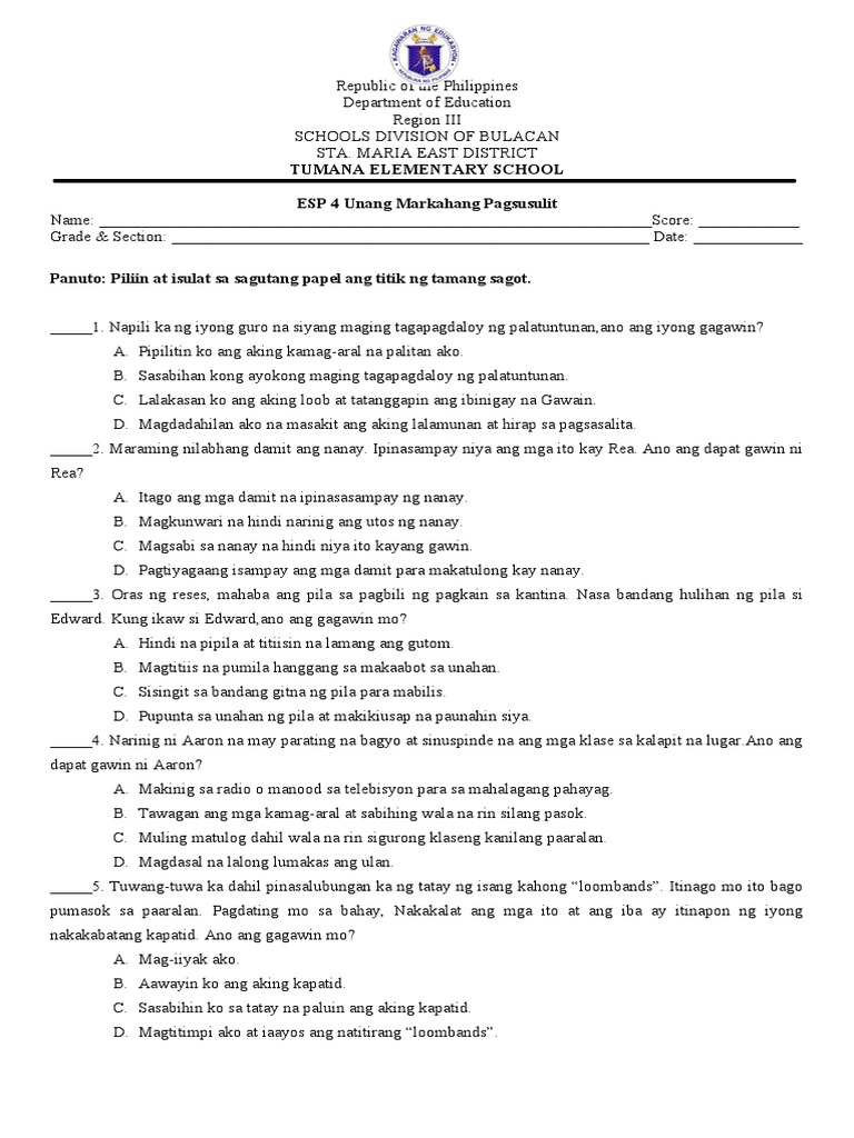 ESP 4 Exam for Elementary Students | PDF | Self-Improvement | Wellness