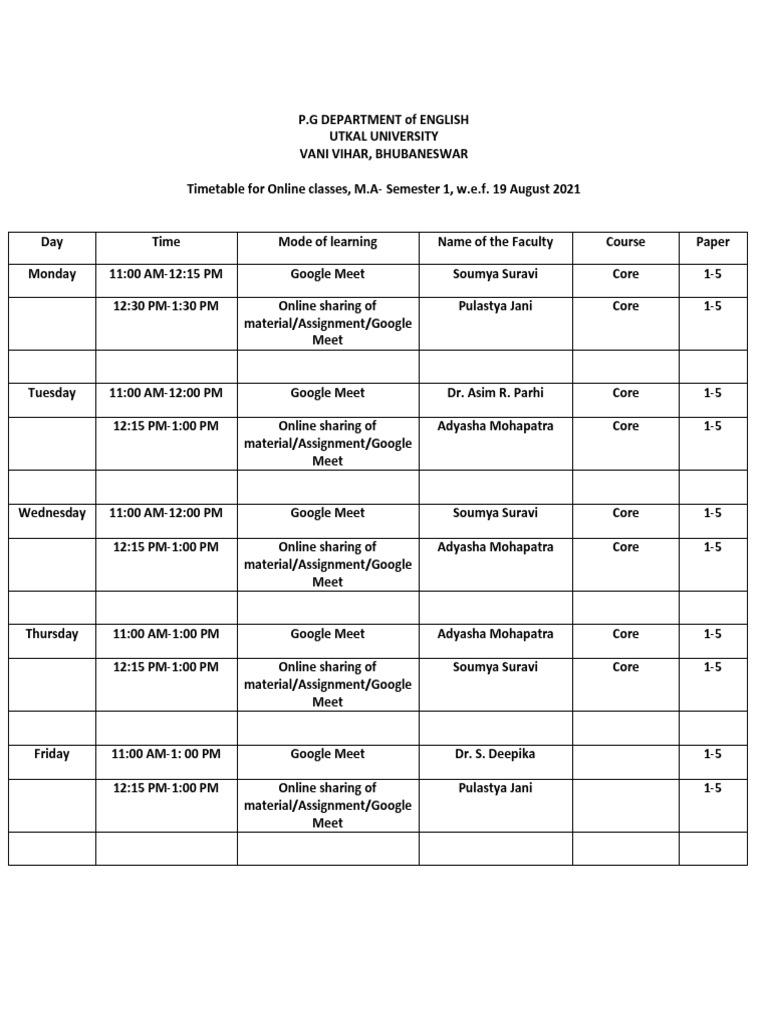 MA Sem 1 Timetable For Online Class 2021 | PDF