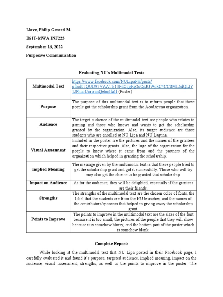 Evaluation Report Of Nus Multimodal Texts Llave Inf223 Pdf Communication Human