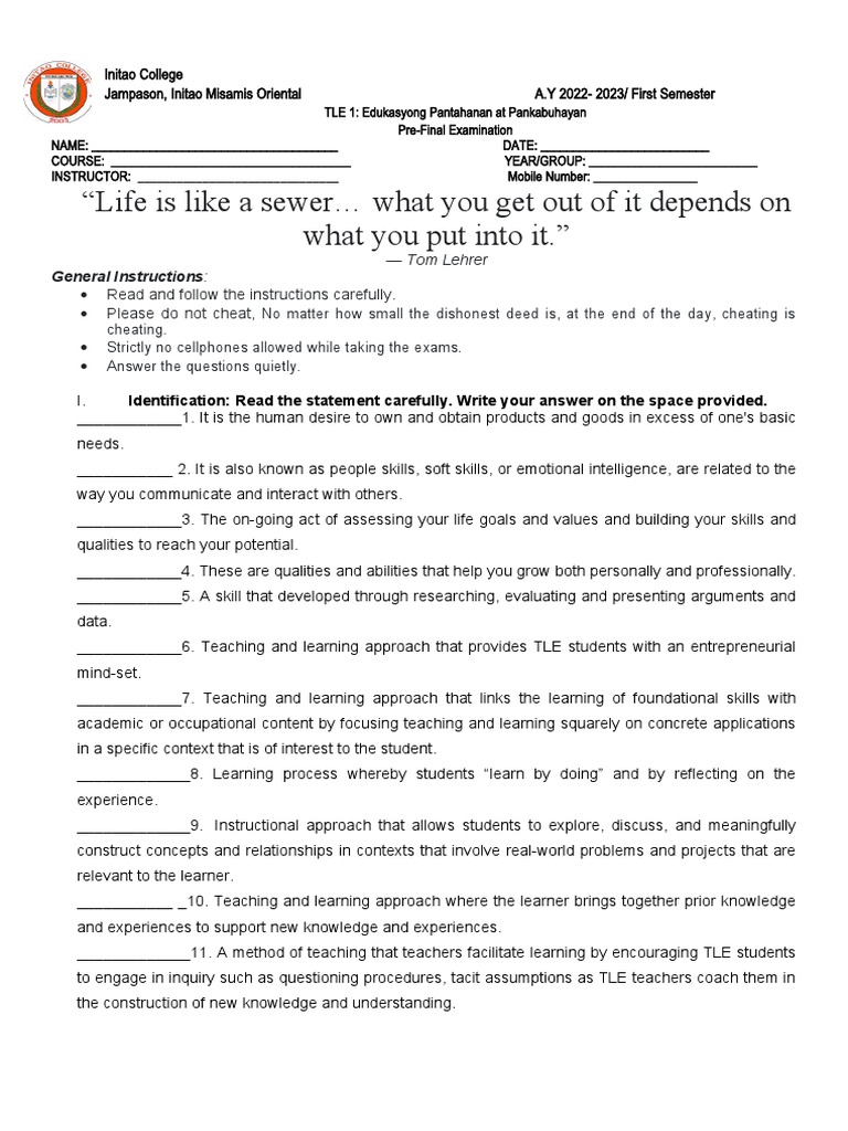 Tle 1 Pre Final Exam | PDF | Teaching Method | Learning