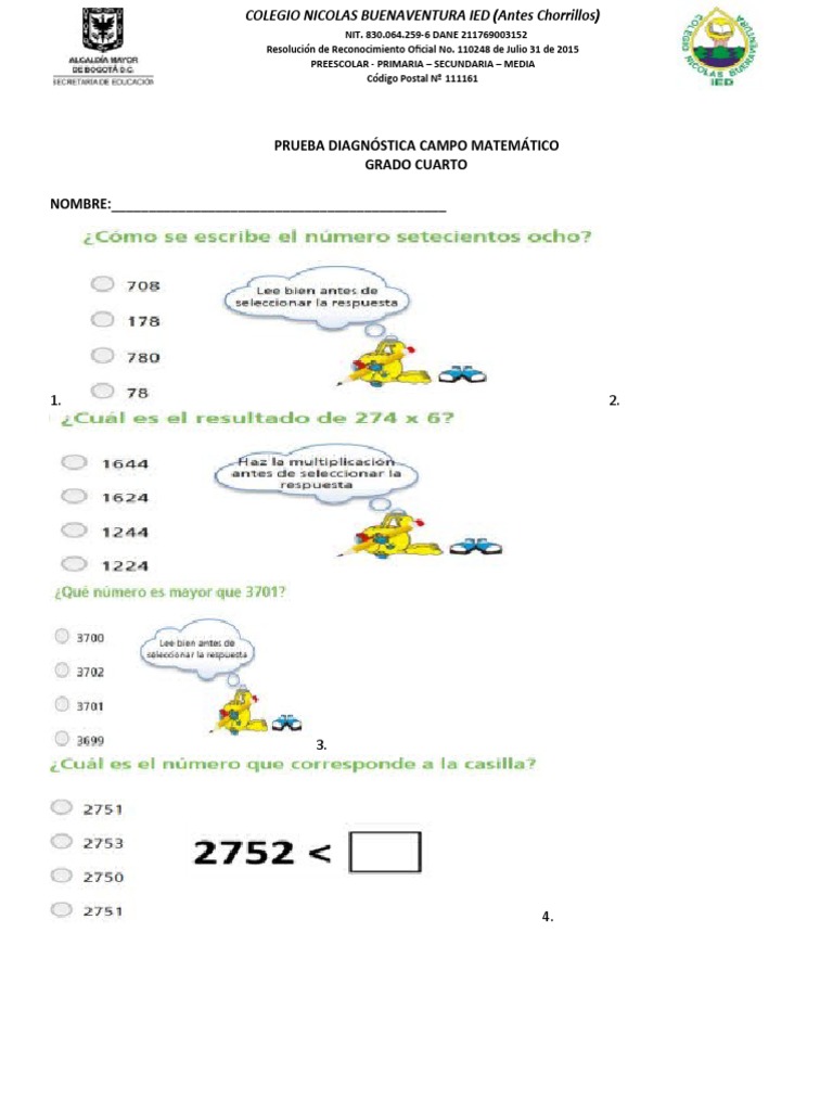 Prueba Diagnóstica Grado Cuarto 2022 | PDF