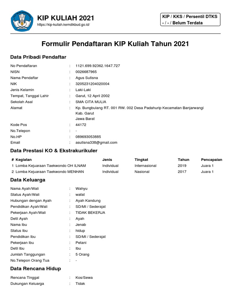 Formulir Peserta KIP Kuliah 2021 | PDF