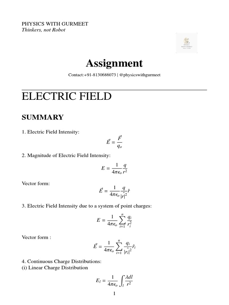 Electric Field - Class 12 Assignment | PDF