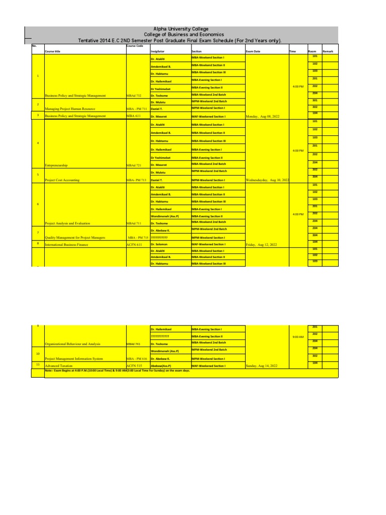 2nd Year MBA Exam Schedule | PDF | Leadership | Evaluation
