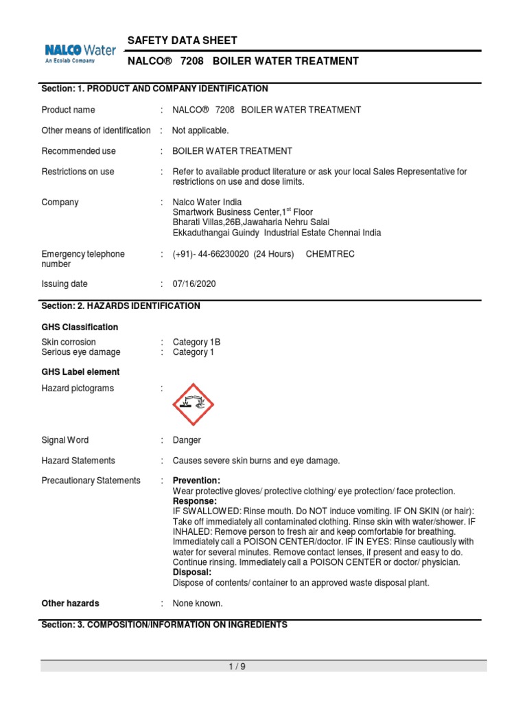 NALCO 7208 BOILER WATER TREATMENT - MSDS ... Ind | PDF | Personal ...