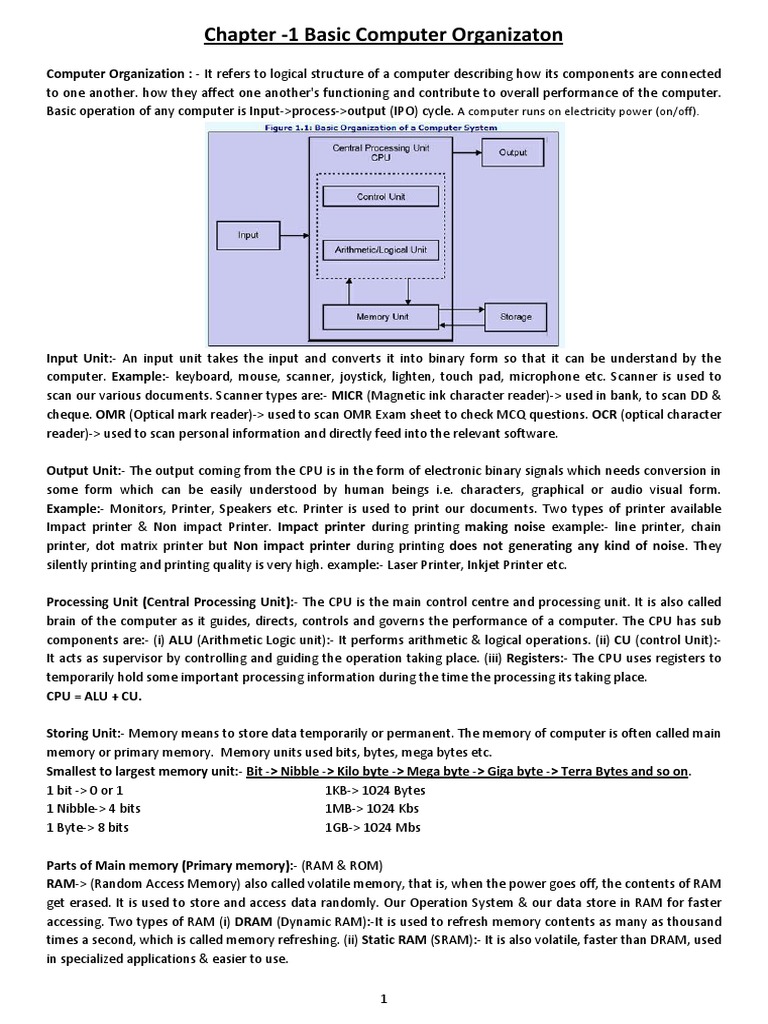 Class 11 Ch- 1 Basic Computer Organization | PDF | Random Access Memory | Read Only Memory