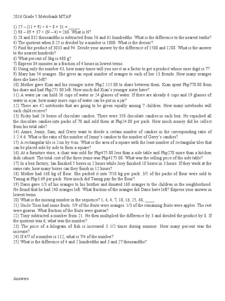 2016 Grade 5 Metrobank MTAP | PDF | Numbers | Mathematics