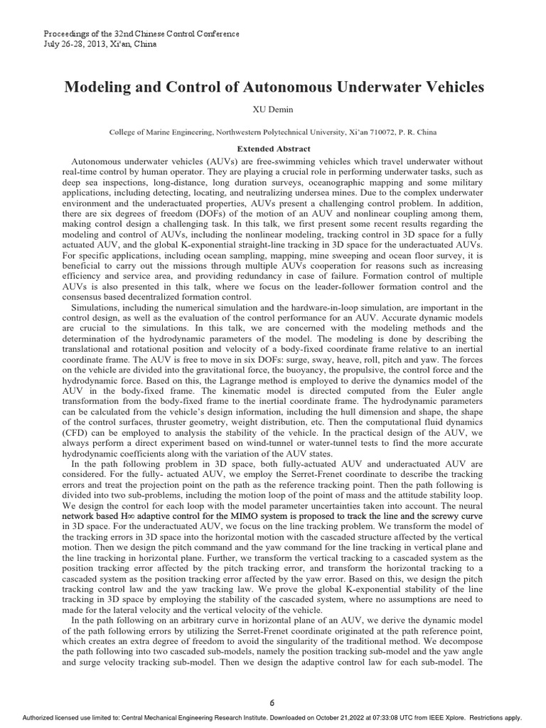 Modeling and Control of Autonomous Underwater Vehicles | PDF | Flight ...