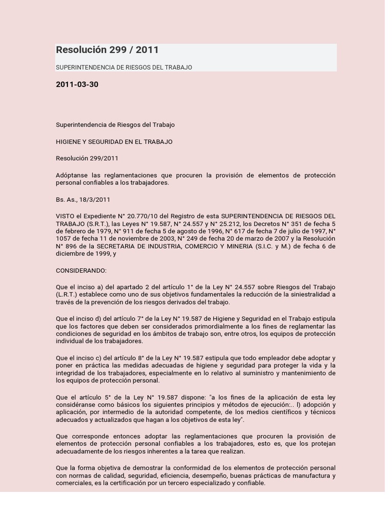 Resolución-SRT-299-2011 ( Formulario de EPP) | PDF | Seguridad y salud ... Resolución-SRT-299-2011 ( Formulario de EPP) | PDF | Seguridad y salud ...