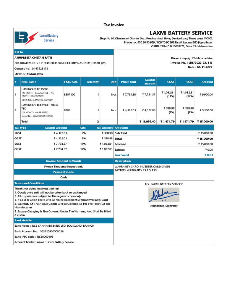Tax Invoice - LBS 2022-23 116 - 10 - 11 - 22 | PDF | Taxes | Economies