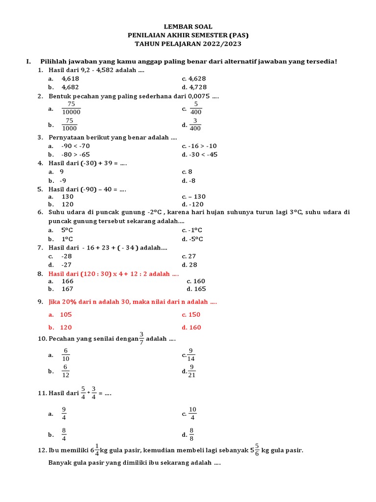 Soal Pas MTK Kelas 7 | PDF