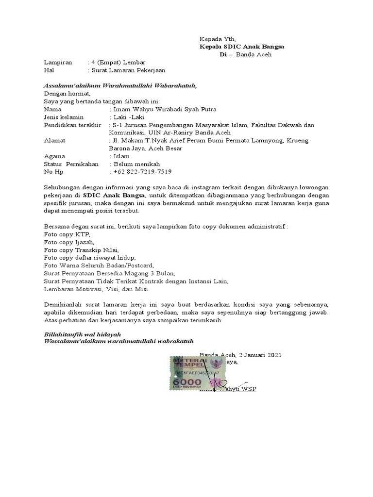 Surat Lamaran Kryad Imam Wahyu | PDF