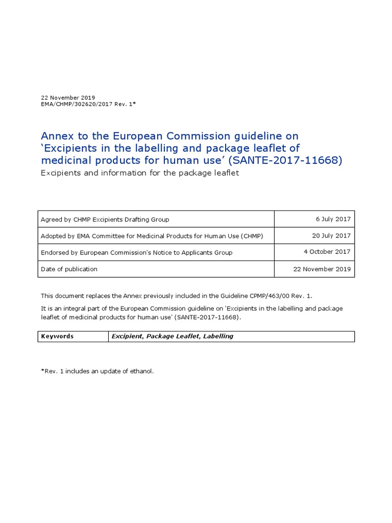 Annex To The European Commission Guideline On Excipients in The ...