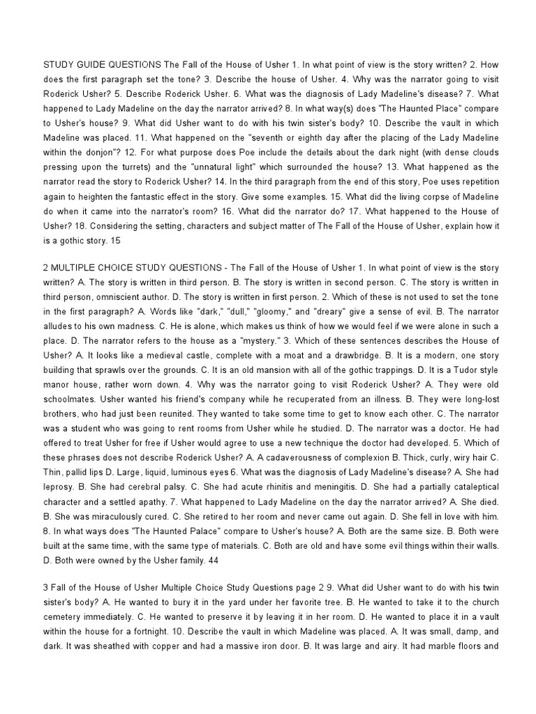 STUDY GUIDE QUESTIONS The Fall of The House of Usher 1 | PDF