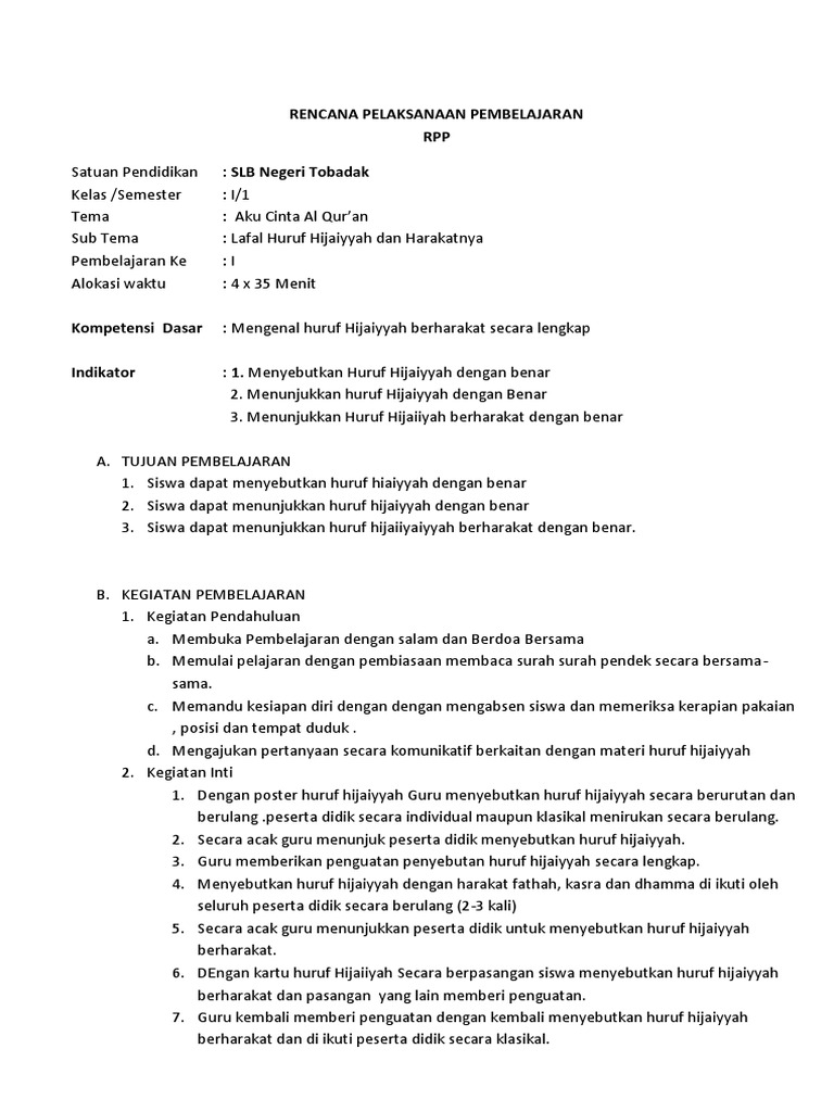RPP Pai SDLB Kelas 1 | PDF