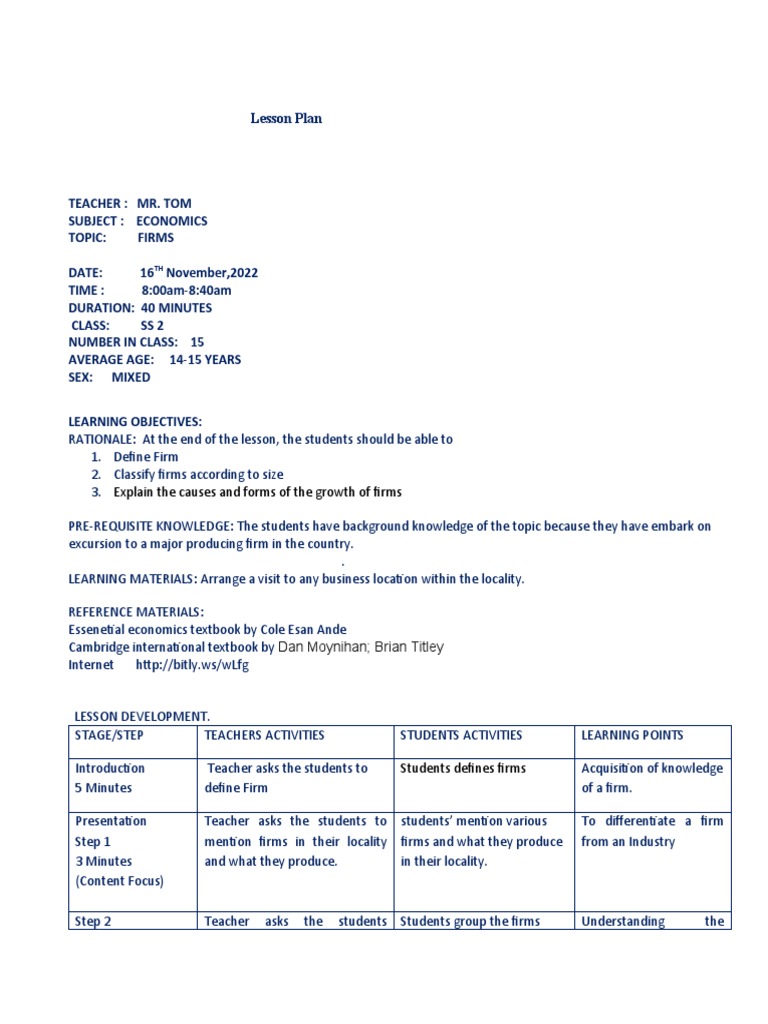 Sample Igcse Economics Lesson Plan | PDF