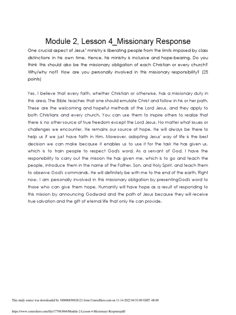 Module 2 Lesson 4 Missionary Response-1 | PDF | Jesus | Christian Mission