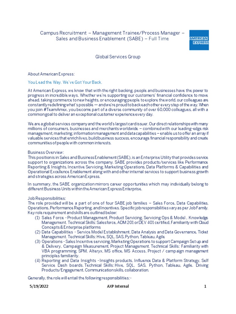 Amex - Campus JD - GSG - Sales and Business Enablement (SABE) | PDF ...
