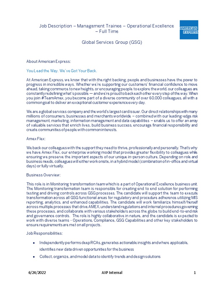 Amex - Campus JD - GSG - Operational Excellence | PDF