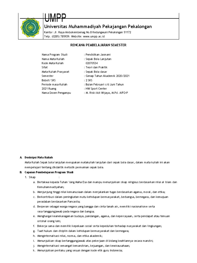 Rps Sepak Bola Lanjutan Semester Genap Ta 2020.2021 | PDF | Karier & Perkembangan