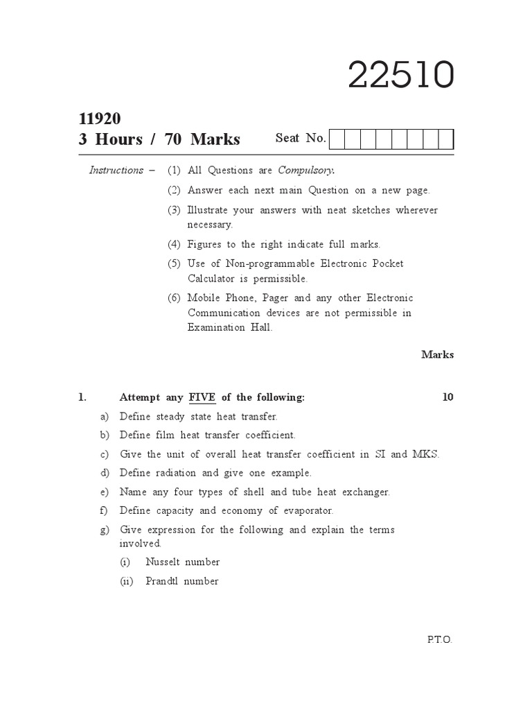 Heat Transfer Operation Winter 2019 Question Paper | PDF | Heat ...