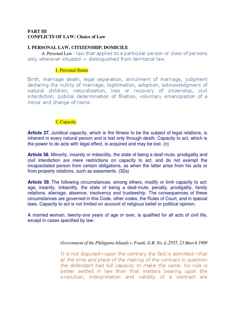 Conflicts of Law: Personal Law & Citizenship | PDF | Naturalization ...