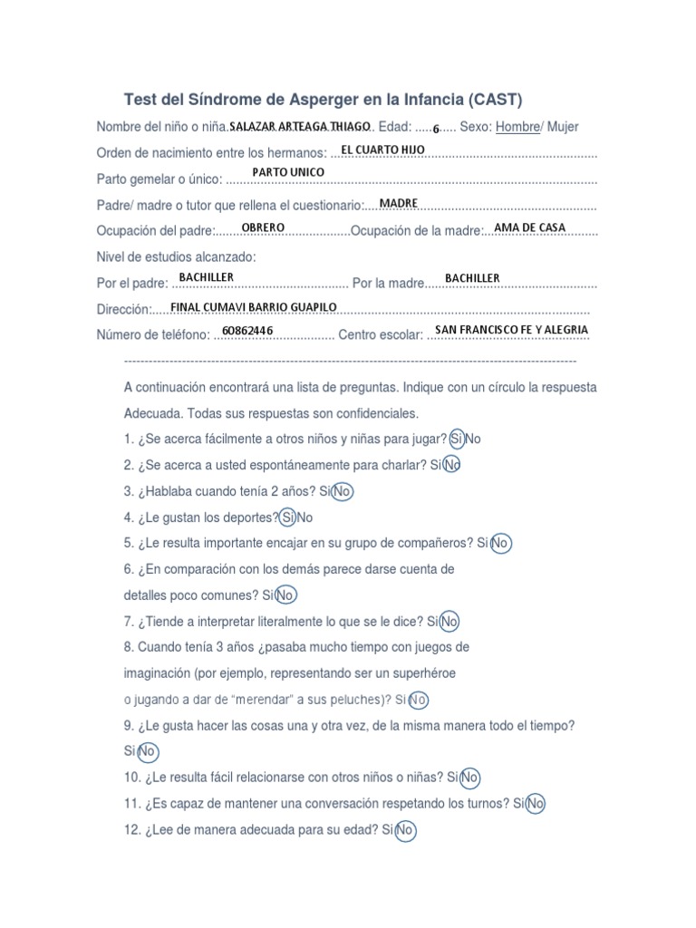 Test Infantil del Síndrome de Asperger | PDF | Síndrome de Asperger ...