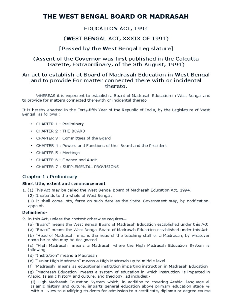 West Bengal Madrasah Education Act 1994 | PDF