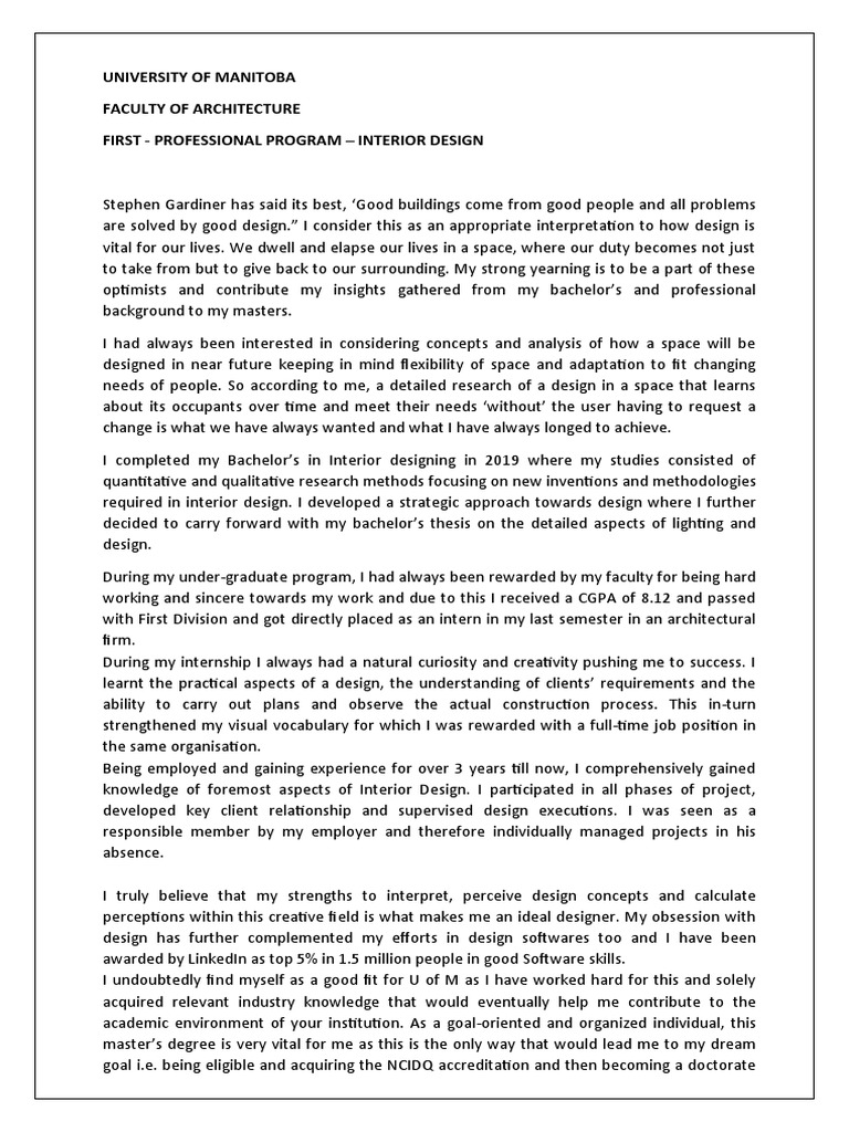 Statement of Intent for U of M Interior Design | PDF | Design | Cognition