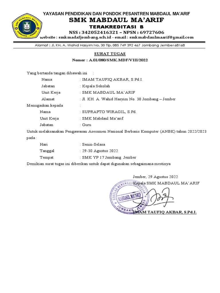Surat Tugas Pengawas ANBK 2022 | PDF