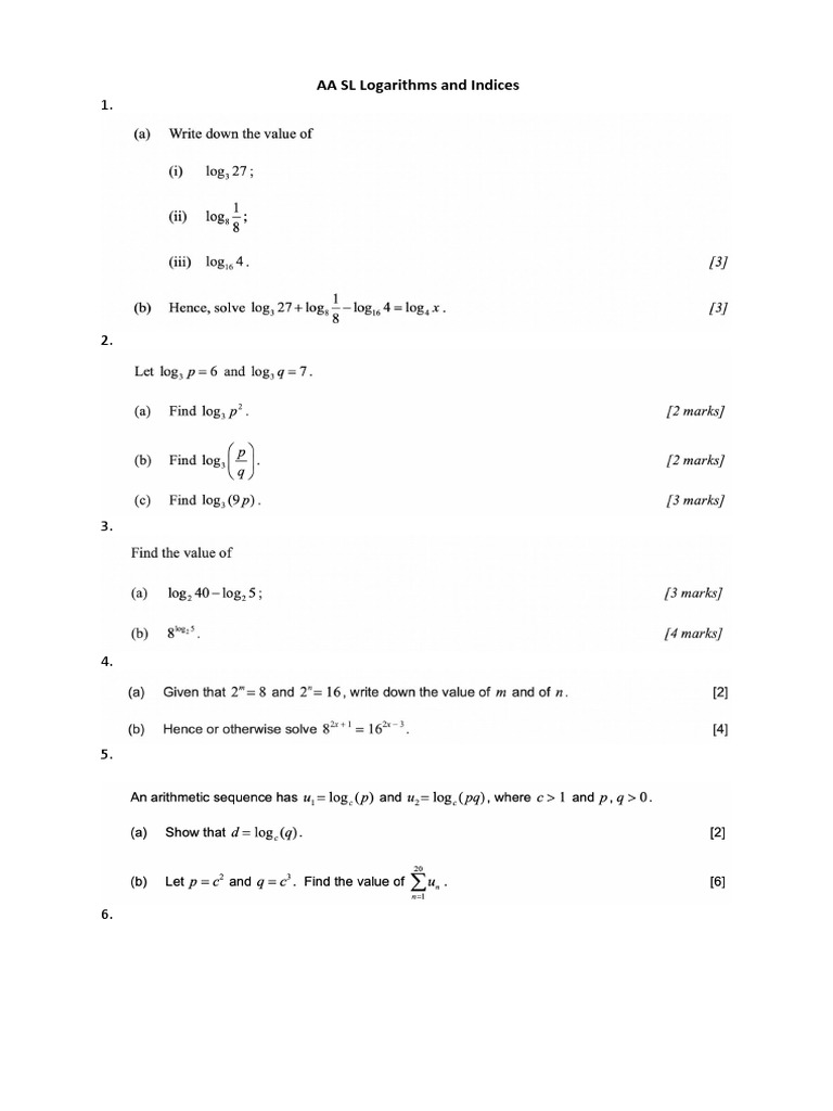 AA SL Logarithms Indices and Sequences | PDF