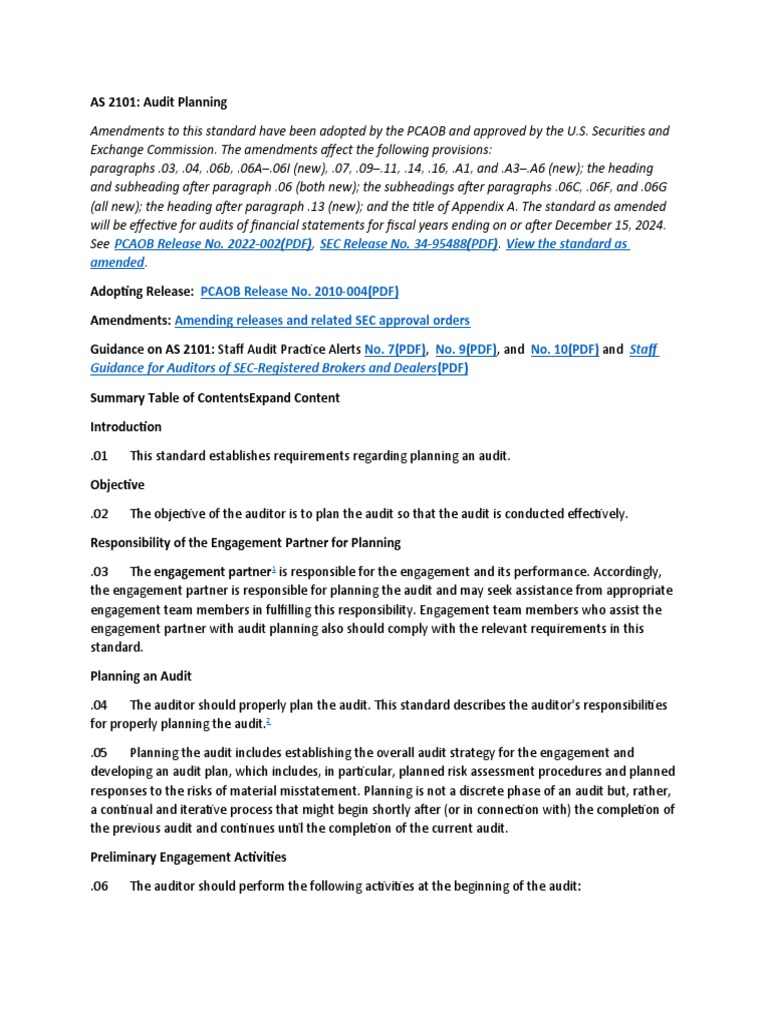 Planning an Effective Audit of Amendments to AS 2101 on Audit Planning ...