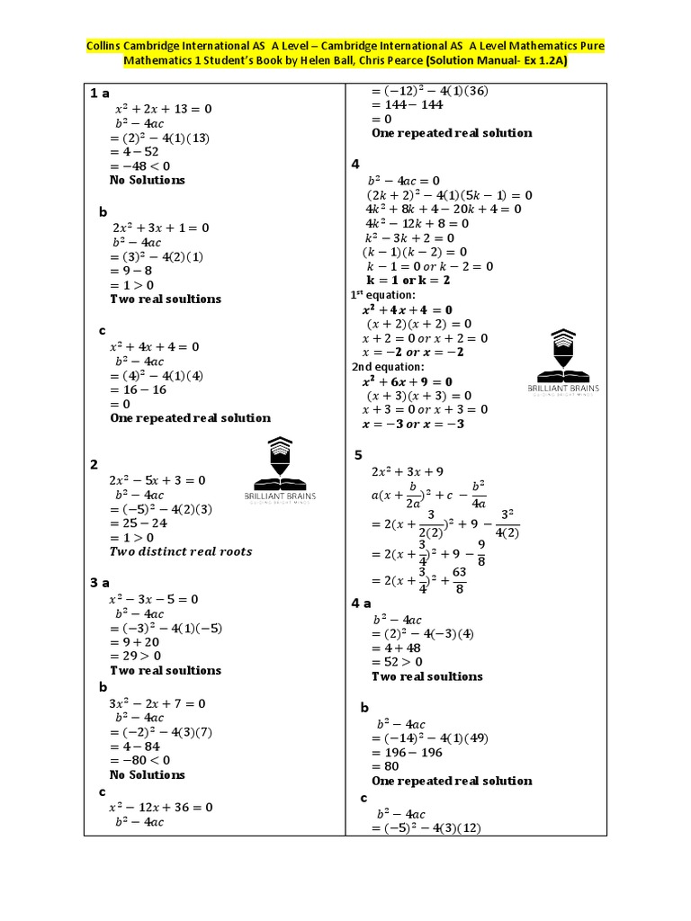 Pure Mathematics 1 Solutions Manual | PDF | Equations | Mathematical ...