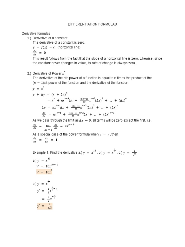 Calculus - Differentiation Formulas | PDF | Derivative | Algebra