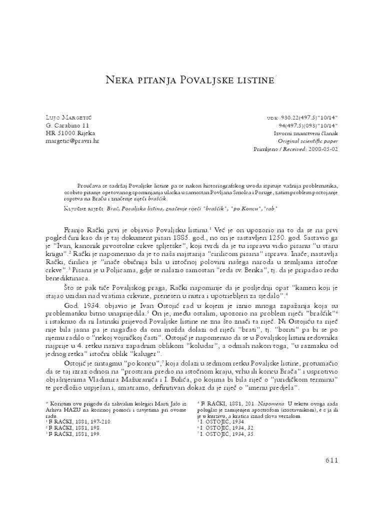 Margetić Neka Pitanja Iz POVALJSKA LISTINA | PDF