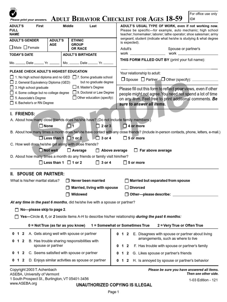 Adult Behaviour Checklist For Age 18-59 | PDF