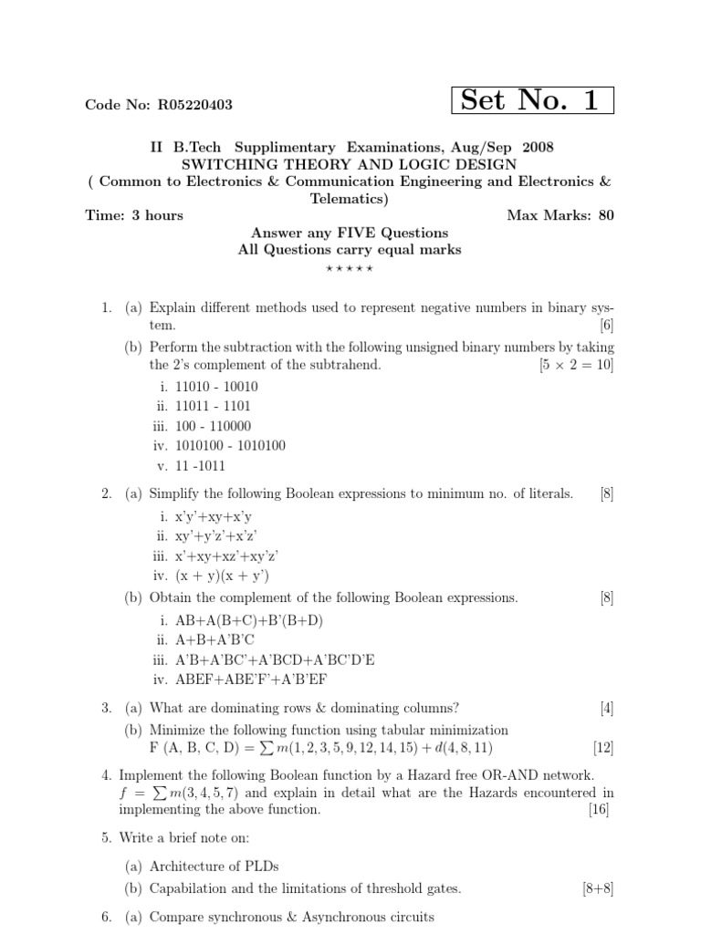 r05220403 Switching Theory and Logic Design | PDF | Logic Gate | Electronics