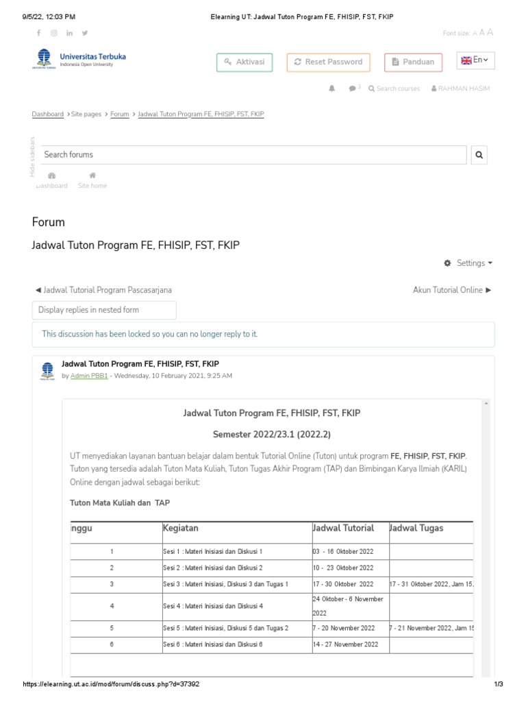 Elearning UT - Jadwal Tuton Program FE, FHISIP, FST, FKIP | PDF